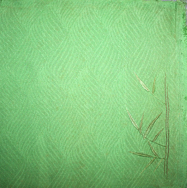 Kimoyes item: 28214 - Open weave green obi piece with embroidered bamboo.
